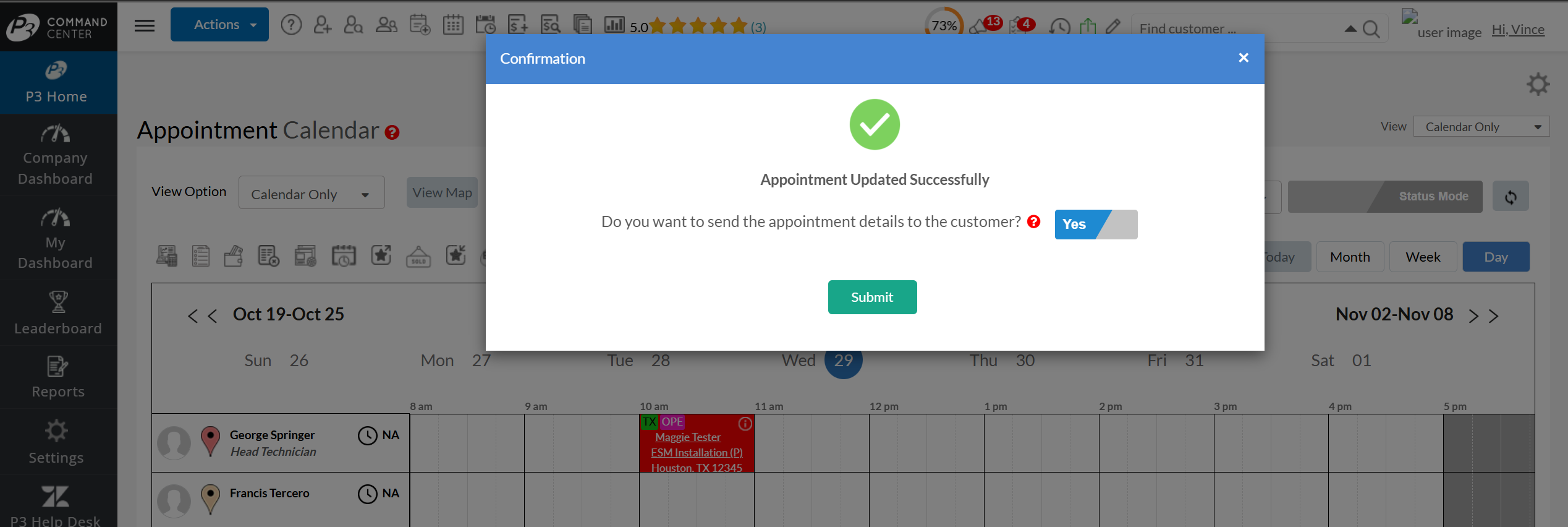 One Click – Calendar - Drag and Drop Call to Another Date – P3 Help Desk